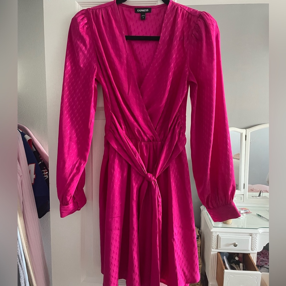 Express Hot Pink Satin Long Sleeve Mini Dress - Gem